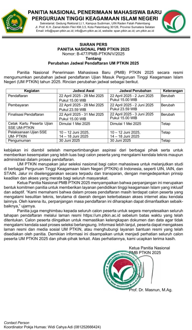 Perubahan Jadwal Pendaftaran UM PTKIN dan Pengumuman Penerimaan Mahasiswa Baru Jalur Undangan ...